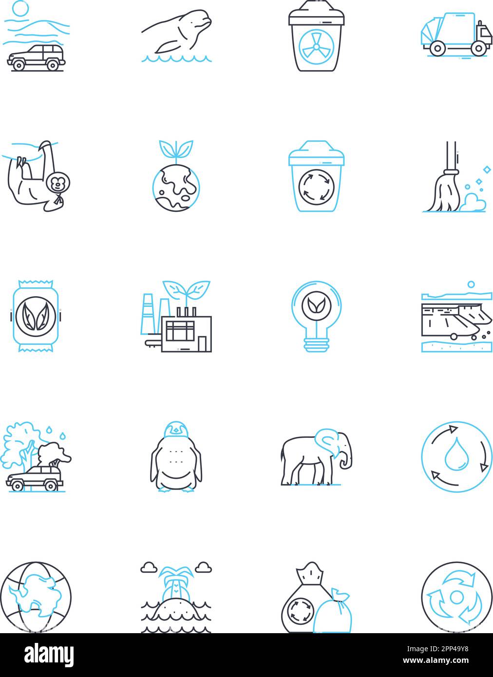 Pollution problems linear icons set. smog, landfill, deforestation ...