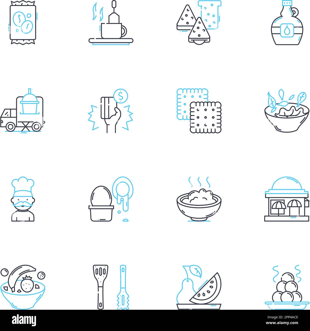 Food offerings linear icons set. Cuisine, Menu, Ingredients, Flavors ...