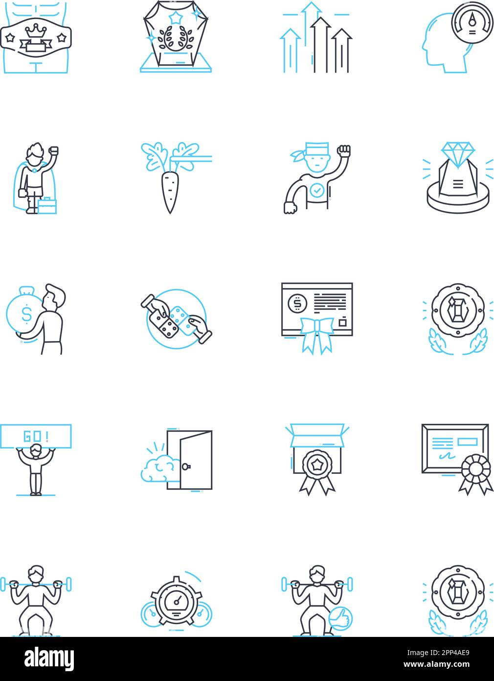 Weight lifting linear icons set. Strength, Power, Muscle, Fitness, Repetitions, Sets, Barbell ...