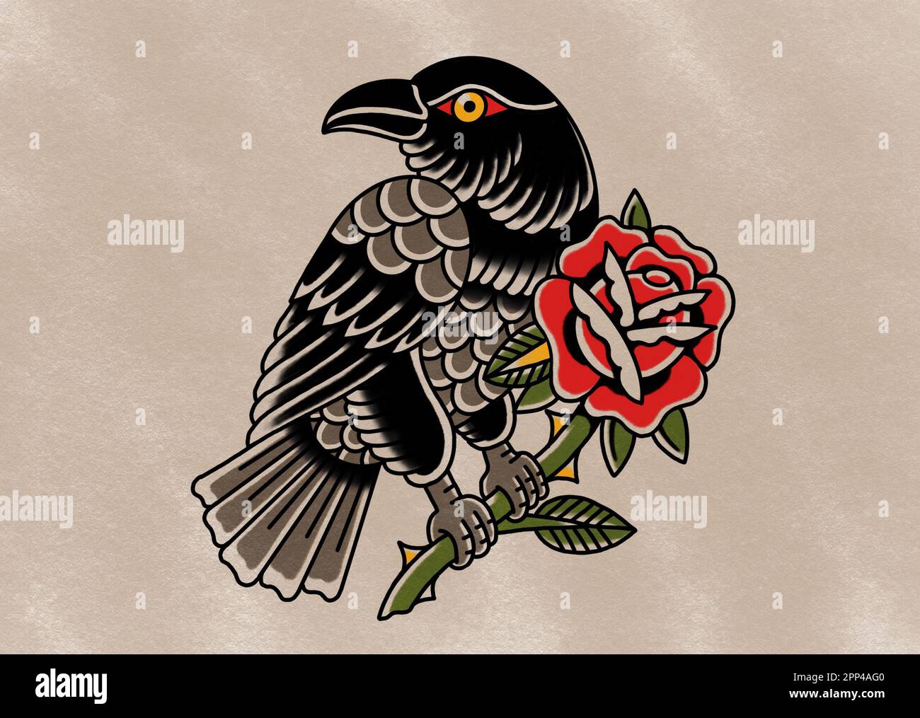 Old School Tattoo Art Style Drawing On Old Paper Background Raven Sitting On Rose Stem Stock