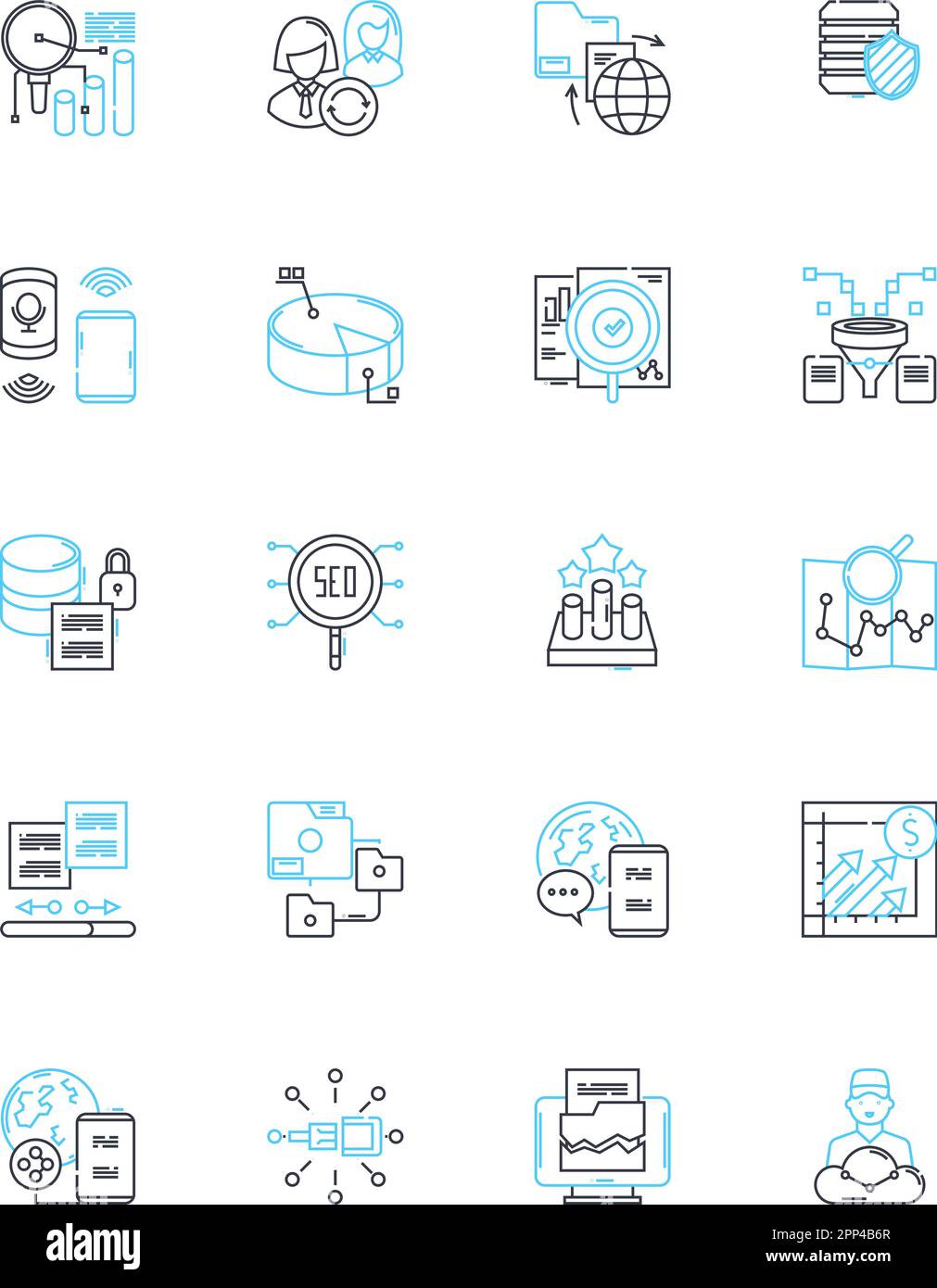 Market researching linear icons set. Demographics, Surveys, Sampling, Branding, Focus groups ...