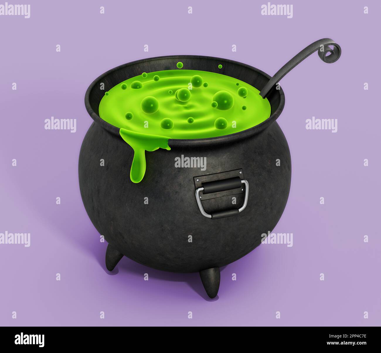 Witch cauldron full of green bubbling liquid standing on purple ...