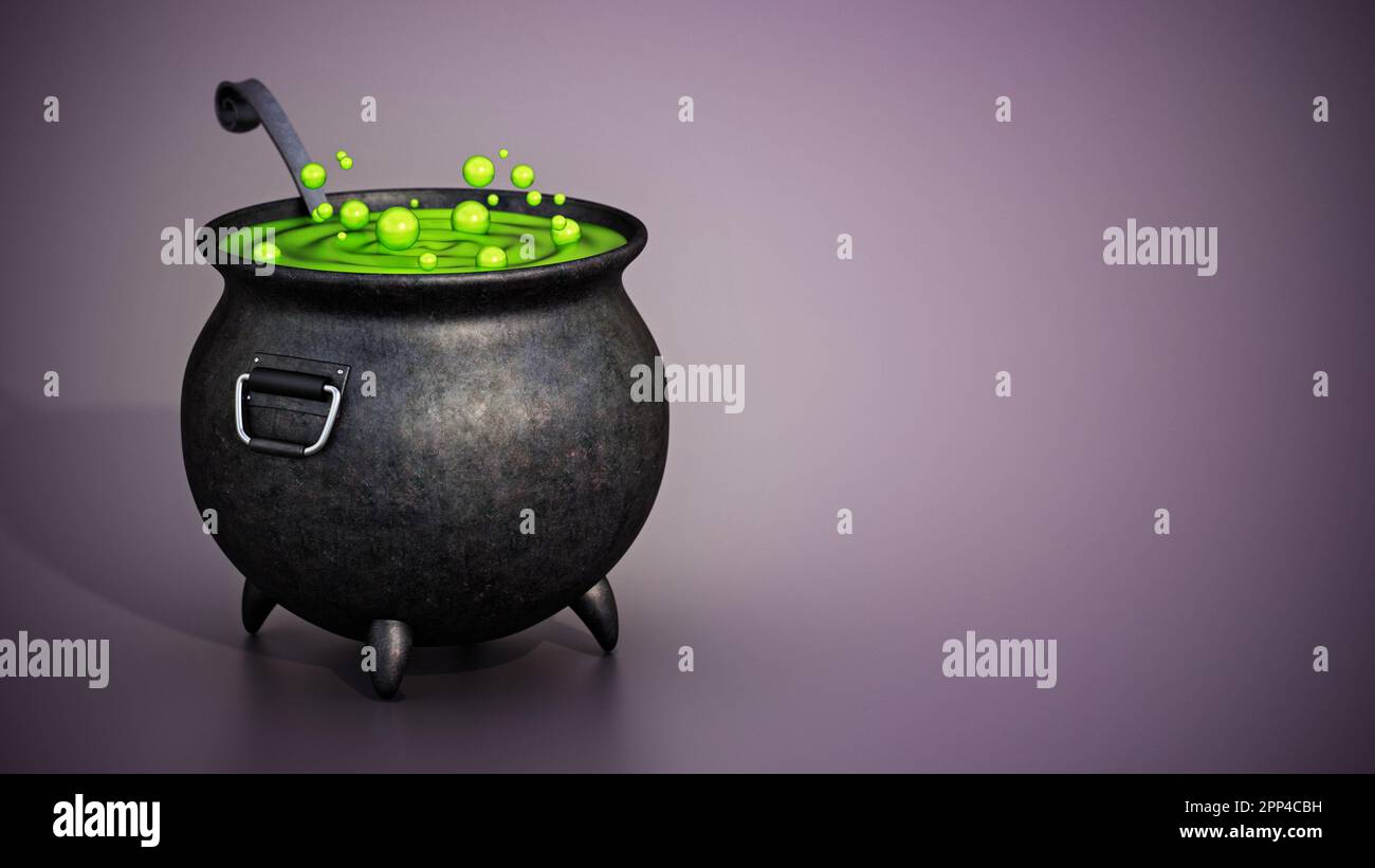 Witch cauldron full of green bubbling liquid standing on purple ...