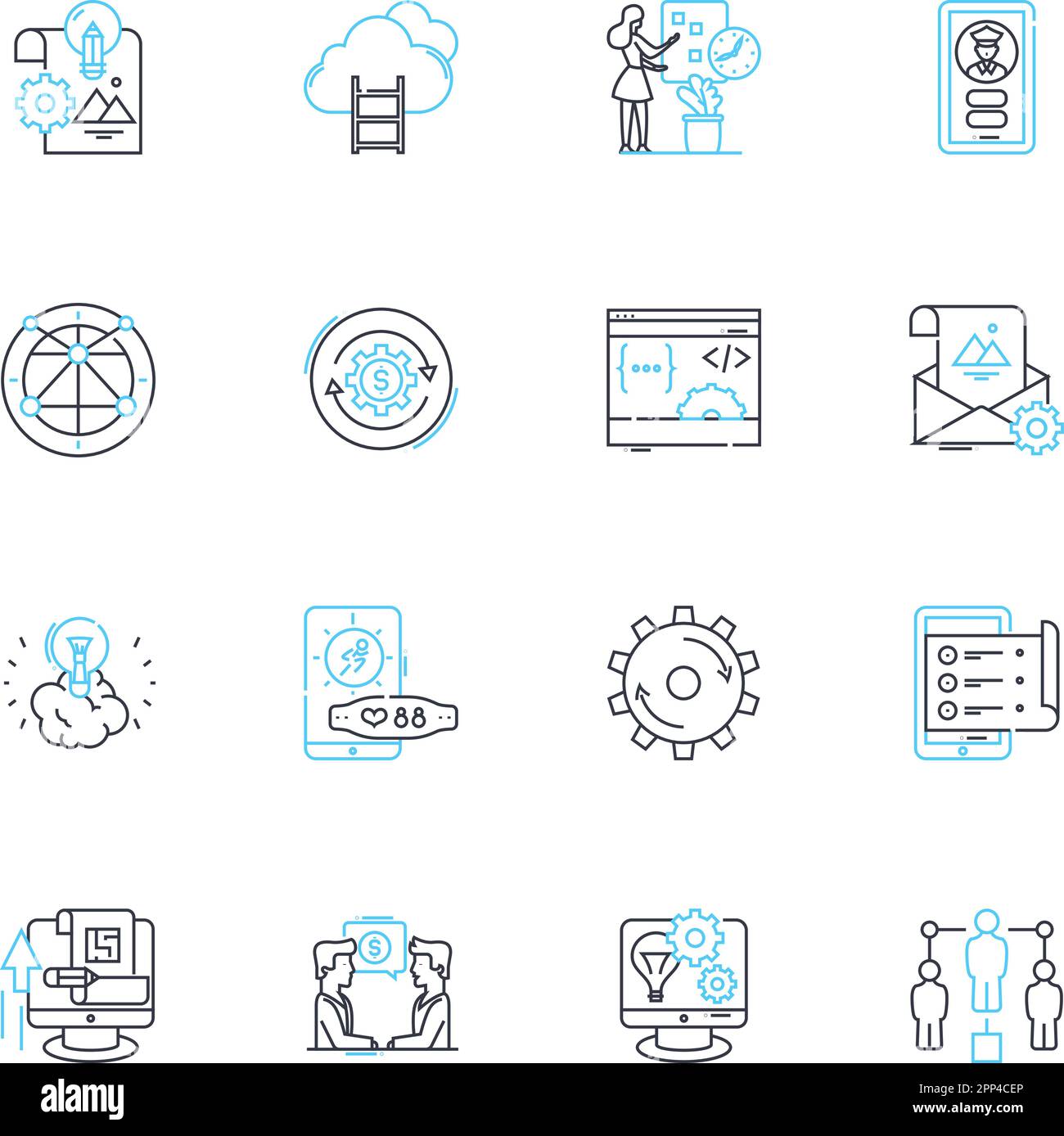 Growth planning linear icons set. Vision, Strategy, Objectives, Metrics, Forecasting ...