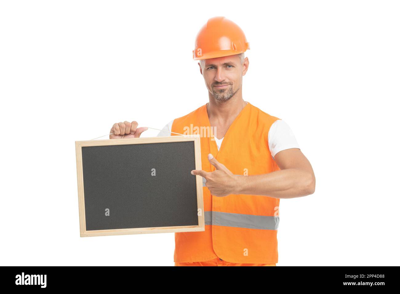 supervisor pointing on advertisement in white studio. supervisor show ...