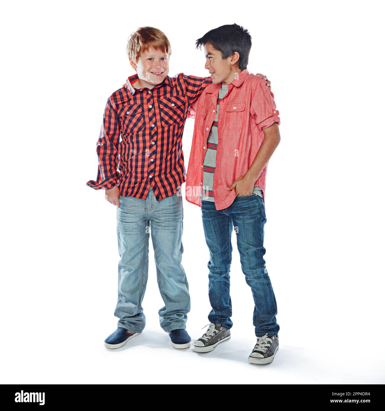 Best bros. Studio portrait of two best friends posing against a white ...