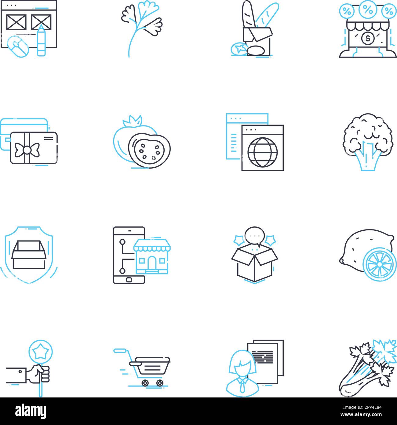 Groceries linear icons set. Produce, Dairy, Bakery, Canned, Meat ...