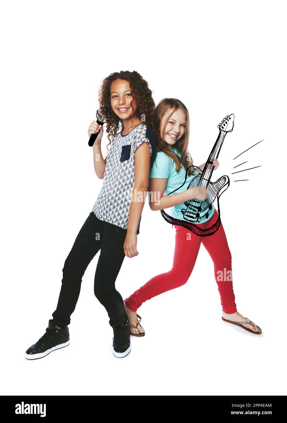 Any requests from the audience. Studio shot of two girls singing and ...