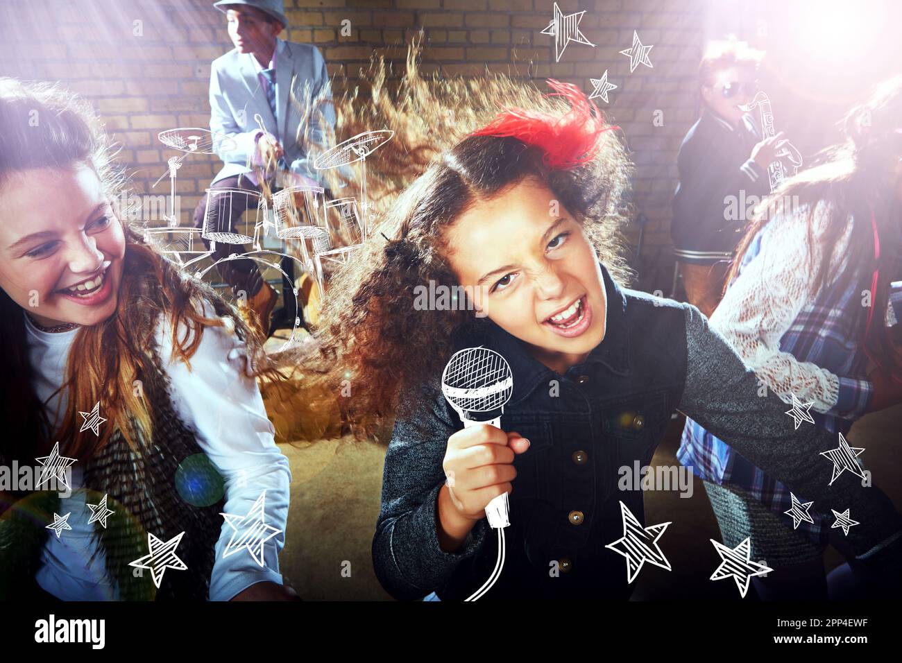 We will rock you. children singing and playing rock music on imaginary ...