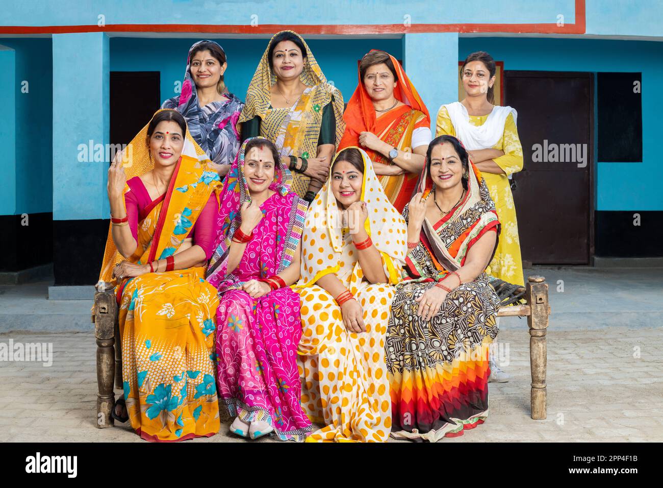 Group of happy young traditional indian women housewives wearing ...