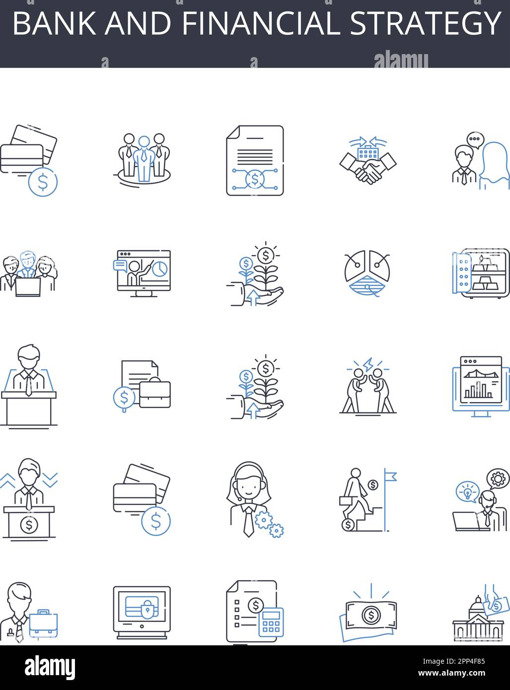 Bank and financial strategy line icons collection. Collaboration ...