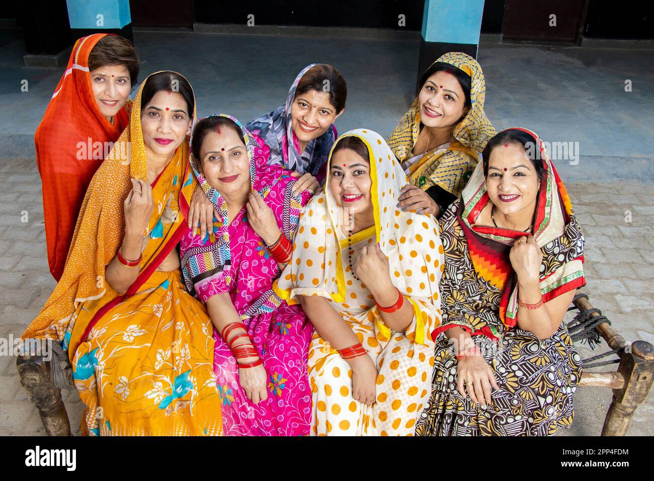 Group of happy young traditional indian women housewives wearing ...