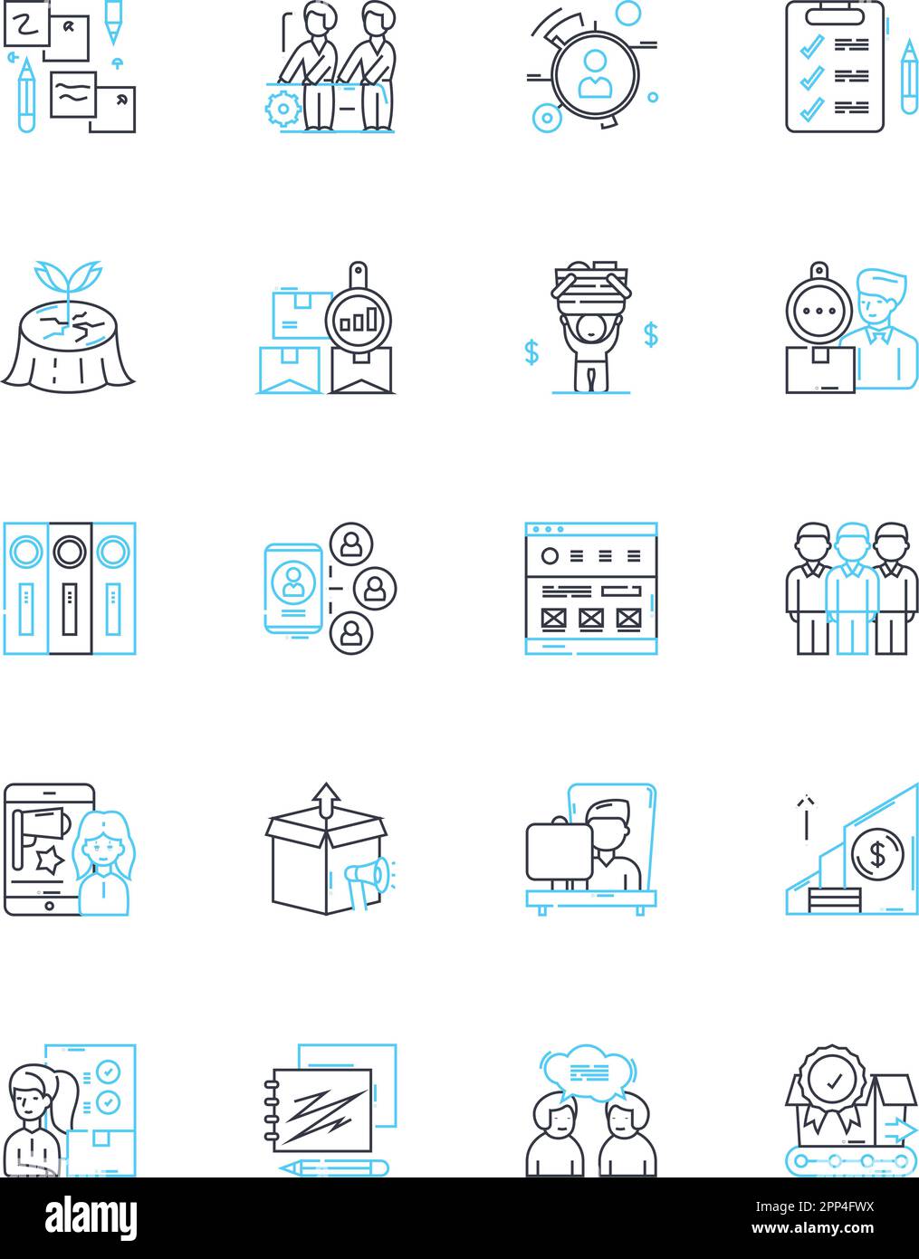 Management group linear icons set. Leadership, Strategy, Planning, Teamwork, Coordination ...