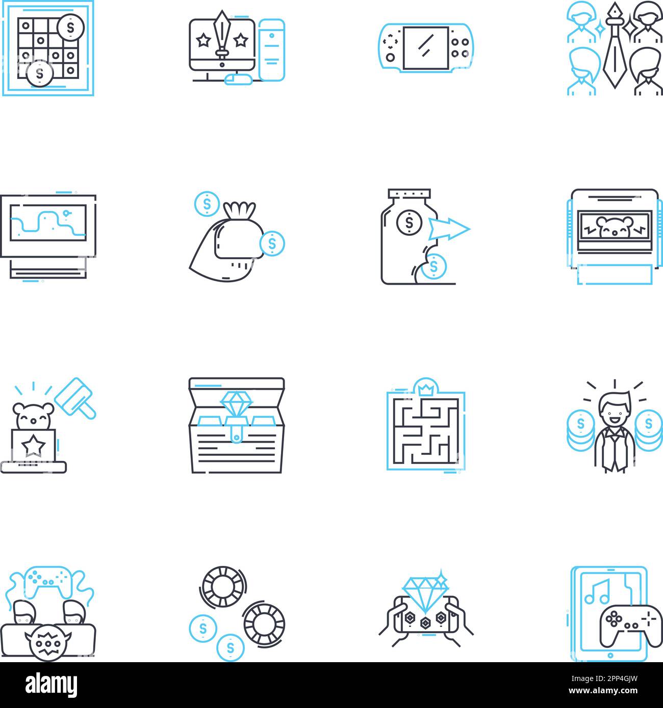 Gaming linear icons set. Console, Shooter, Adventure, Puzzle, RPG ...