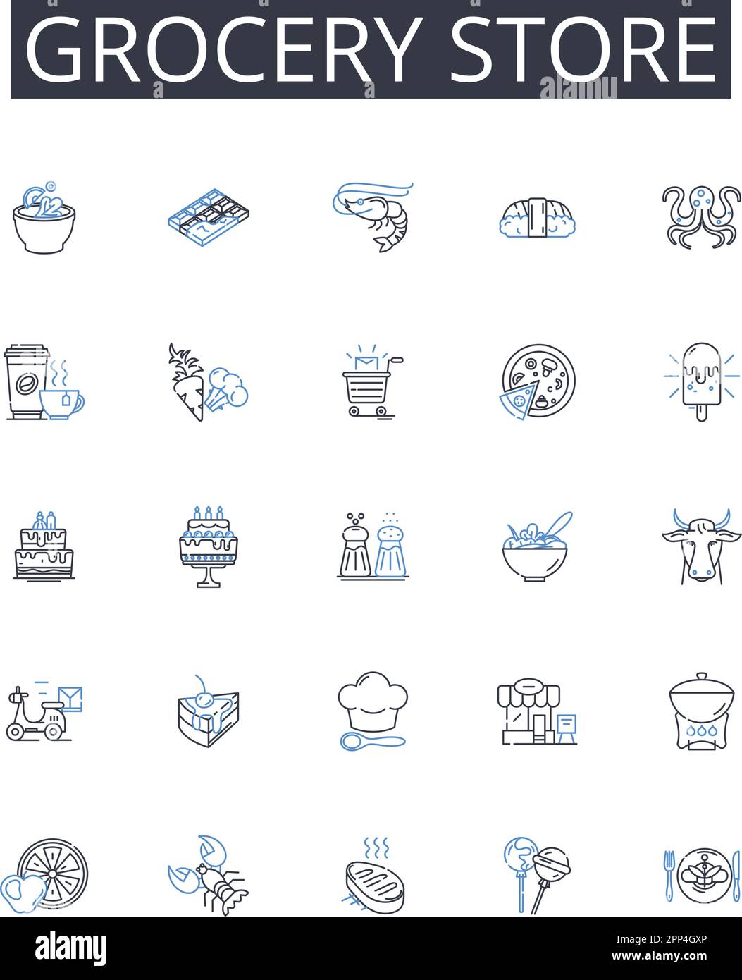 Grocery store line icons collection. Convenience store, Supermarket, Provision store, Corner ...