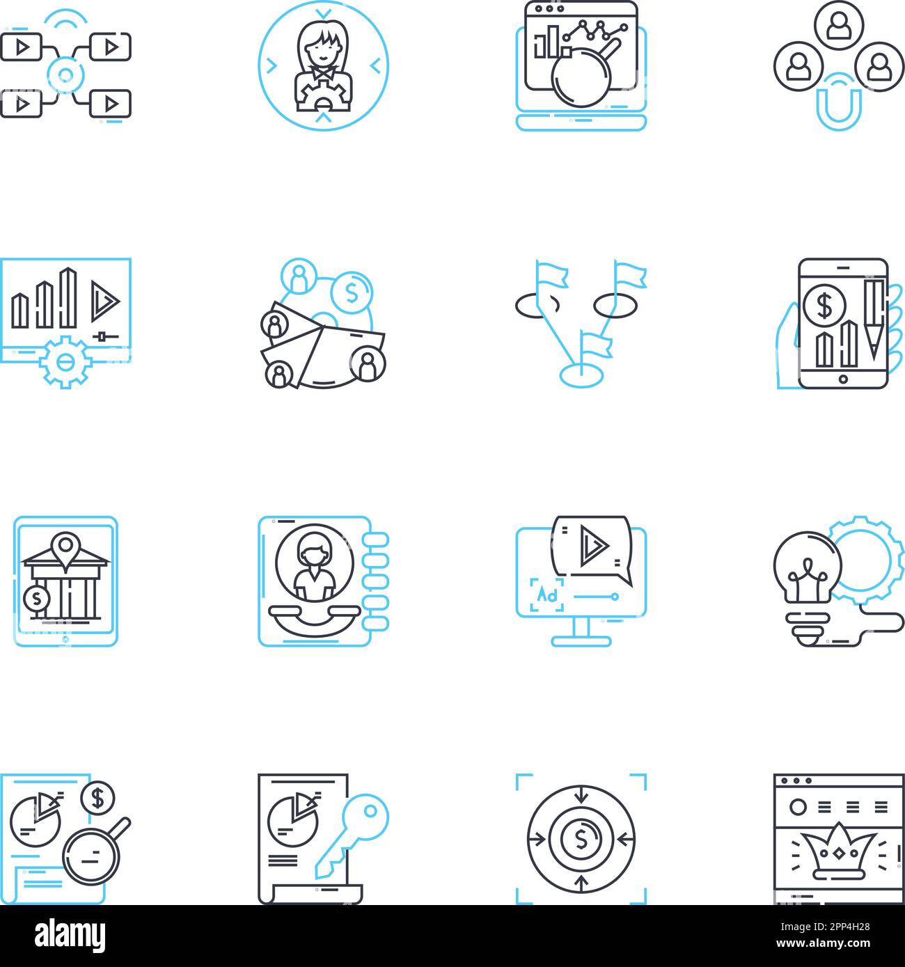 Communications agency linear icons set. Messaging, Publicity, Branding ...