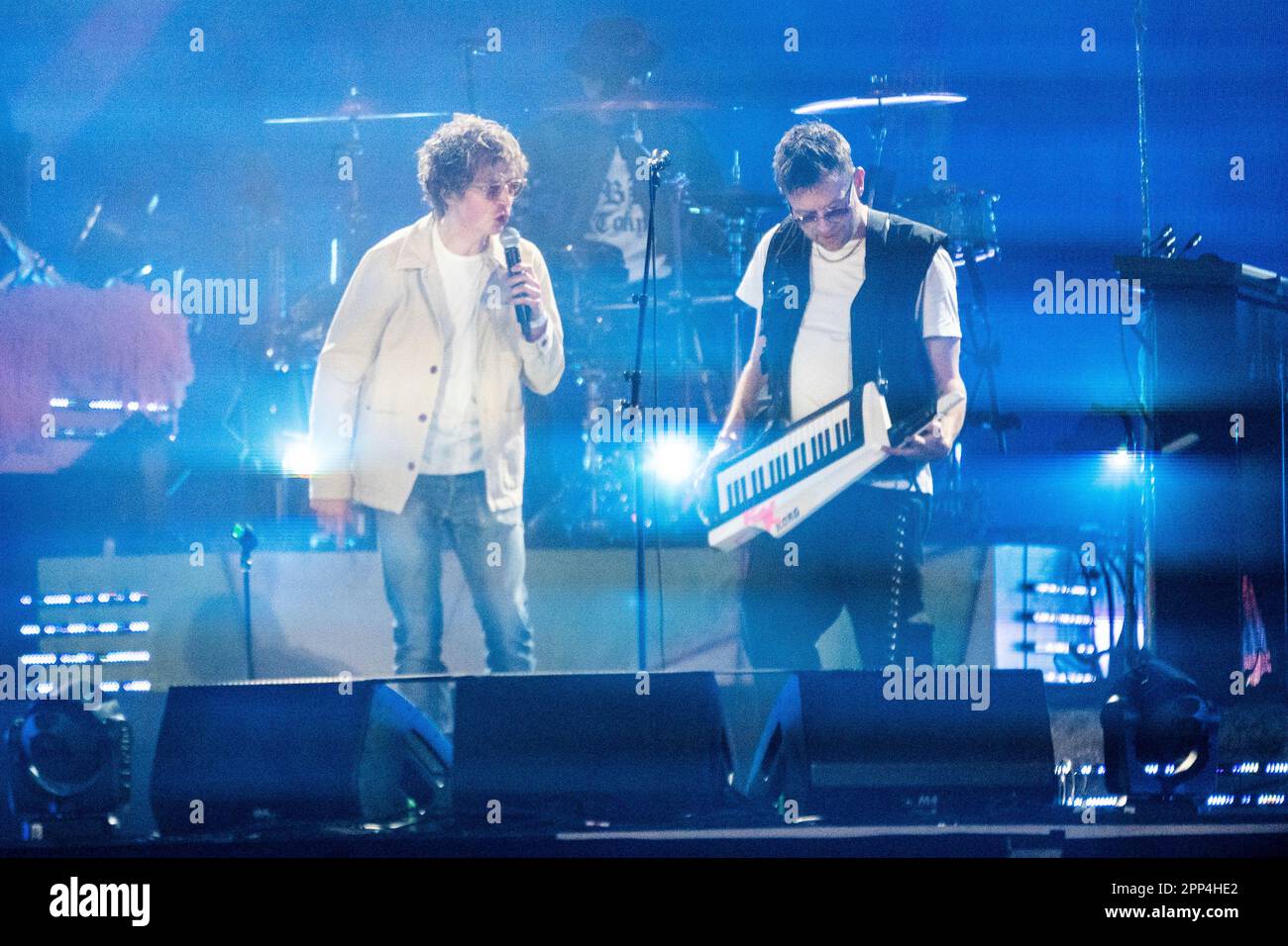 Beck, left, performs with Damon Albarn of Gorillaz at the Coachella ...