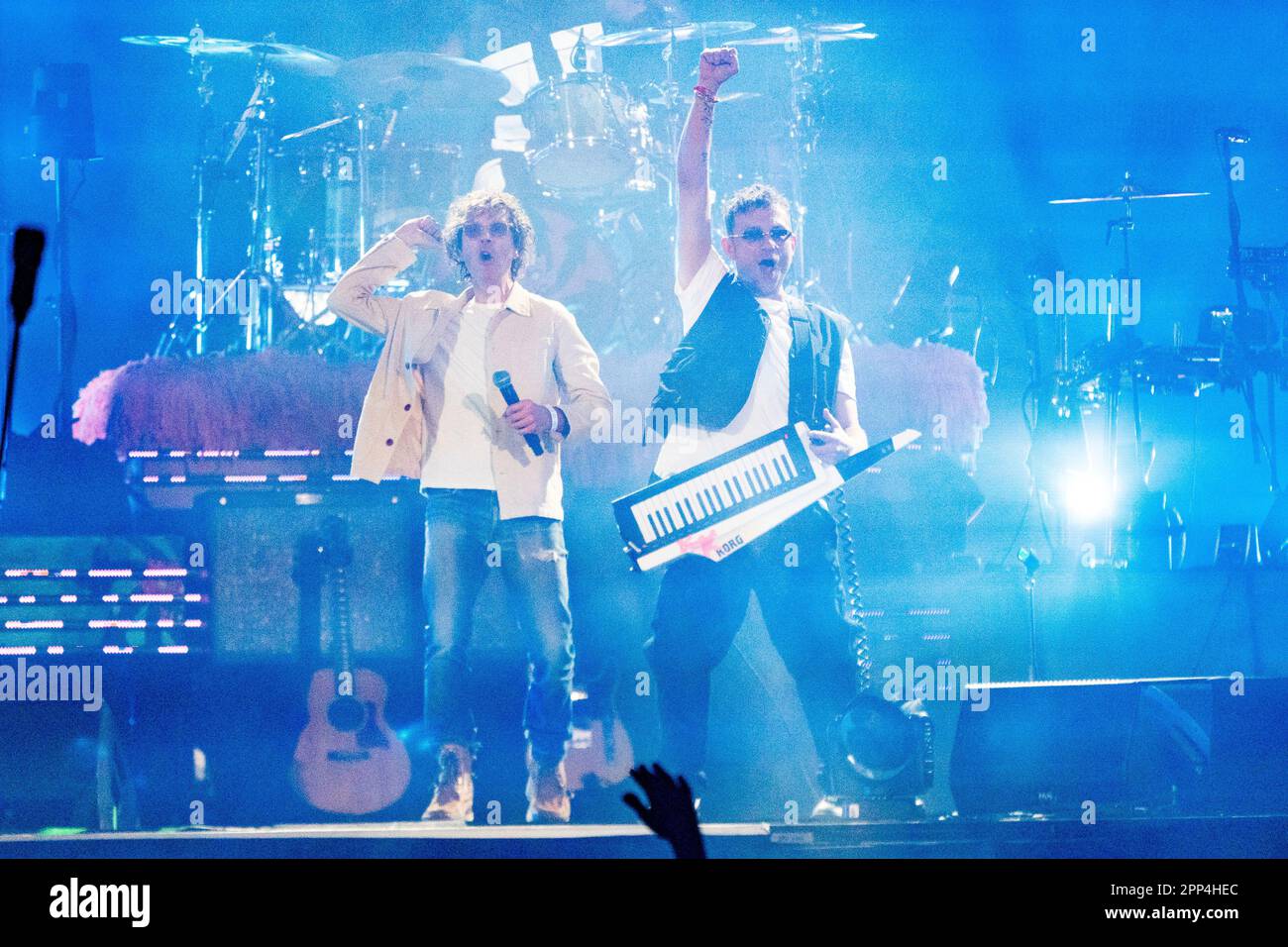 Beck, left, performs with Damon Albarn of Gorillaz at the Coachella ...