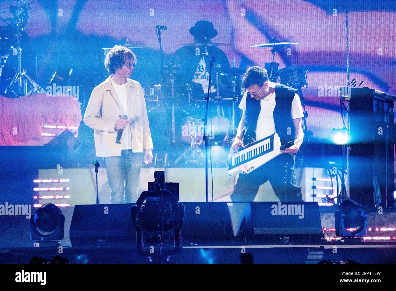 Beck, left, performs with Damon Albarn of Gorillaz at the Coachella ...