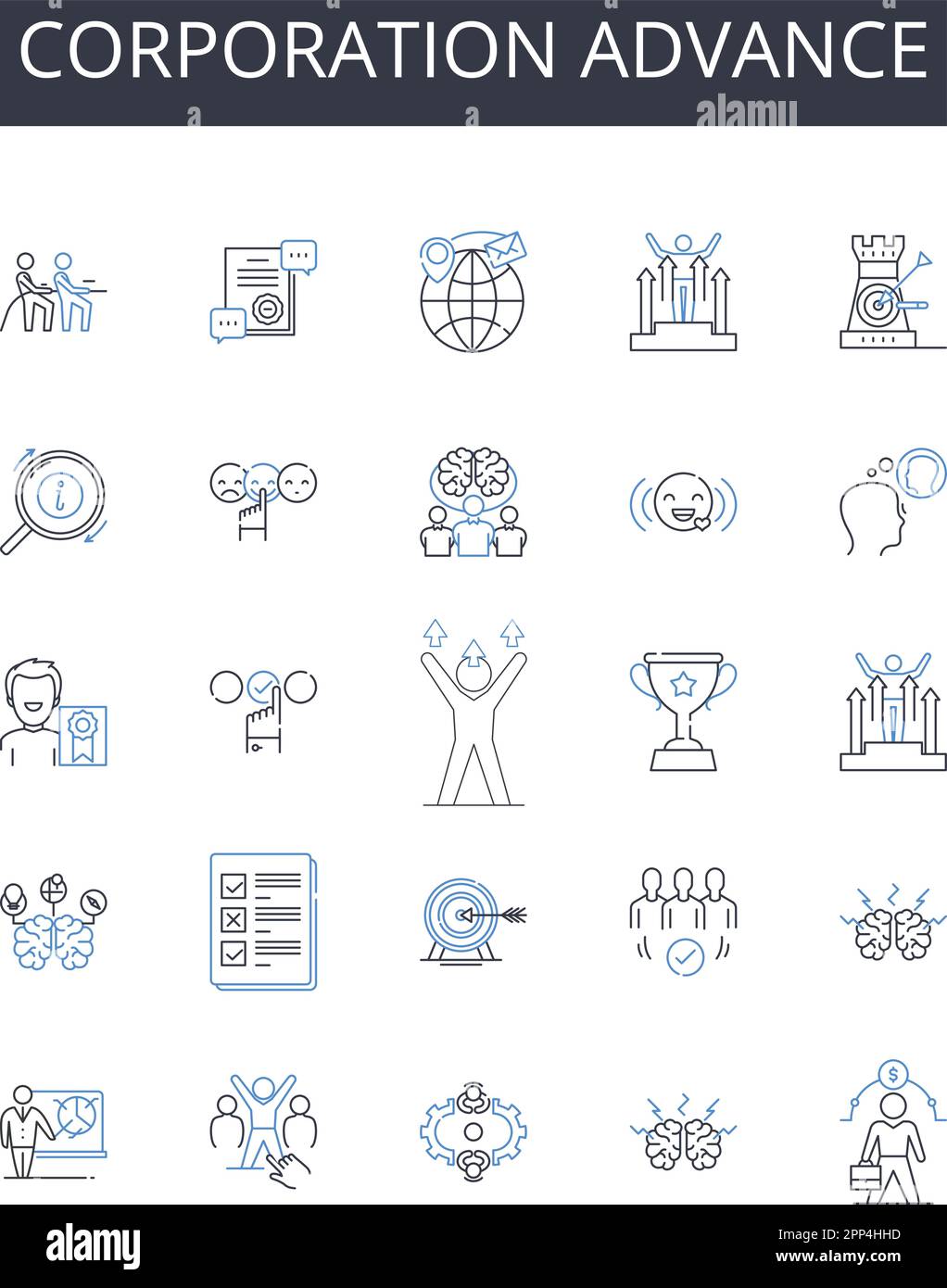 Corporation advance line icons collection. Company boost, Agency progress, Organization ...