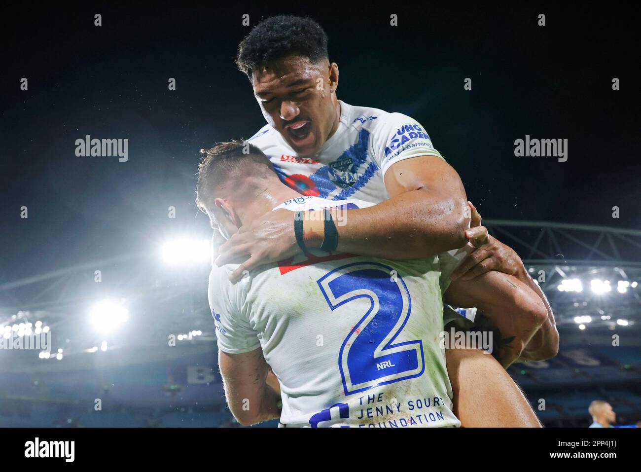 Declan Casey of the Bulldogs celebrates a try during the NRL Round 8 ...