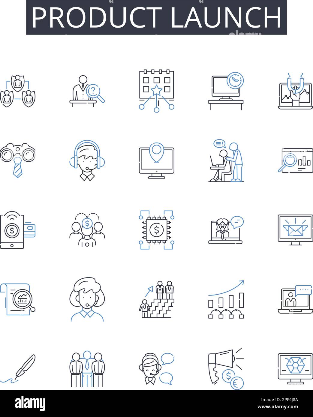 Product launch line icons collection. Campaign kickoff, Event launch, Book release, Movie ...