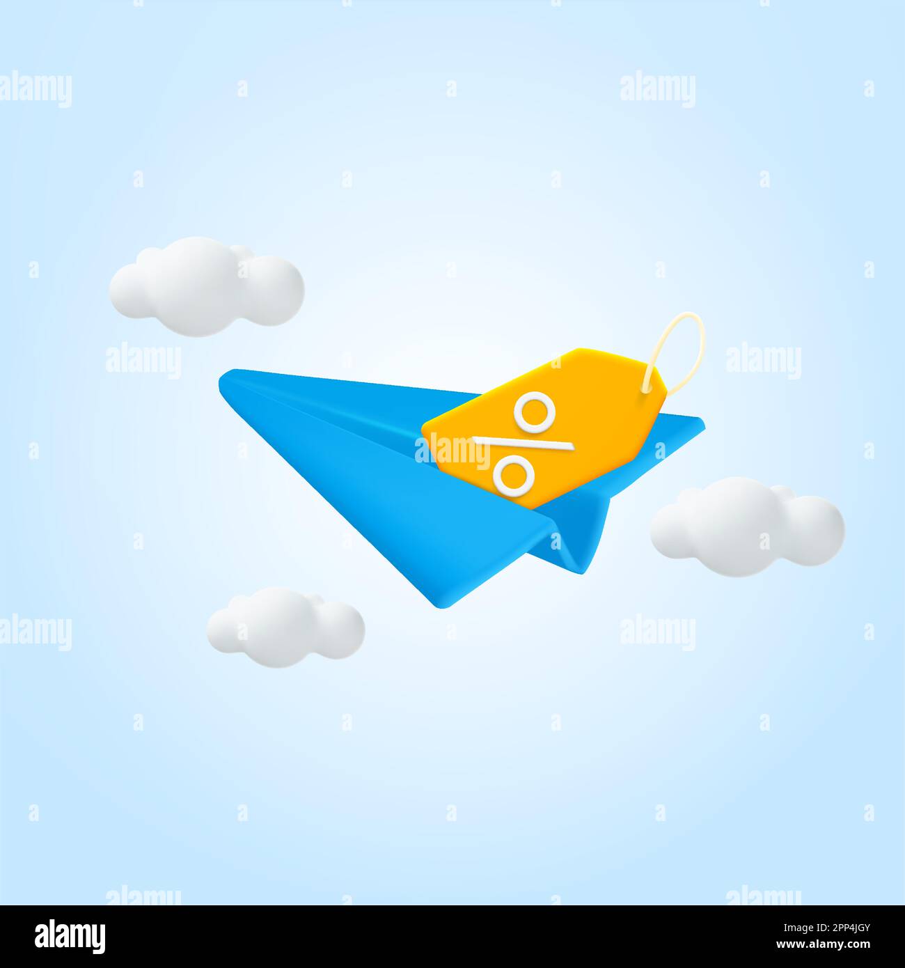 3d yellow coupon and voucher and in paper airplane with clouds on blue ...