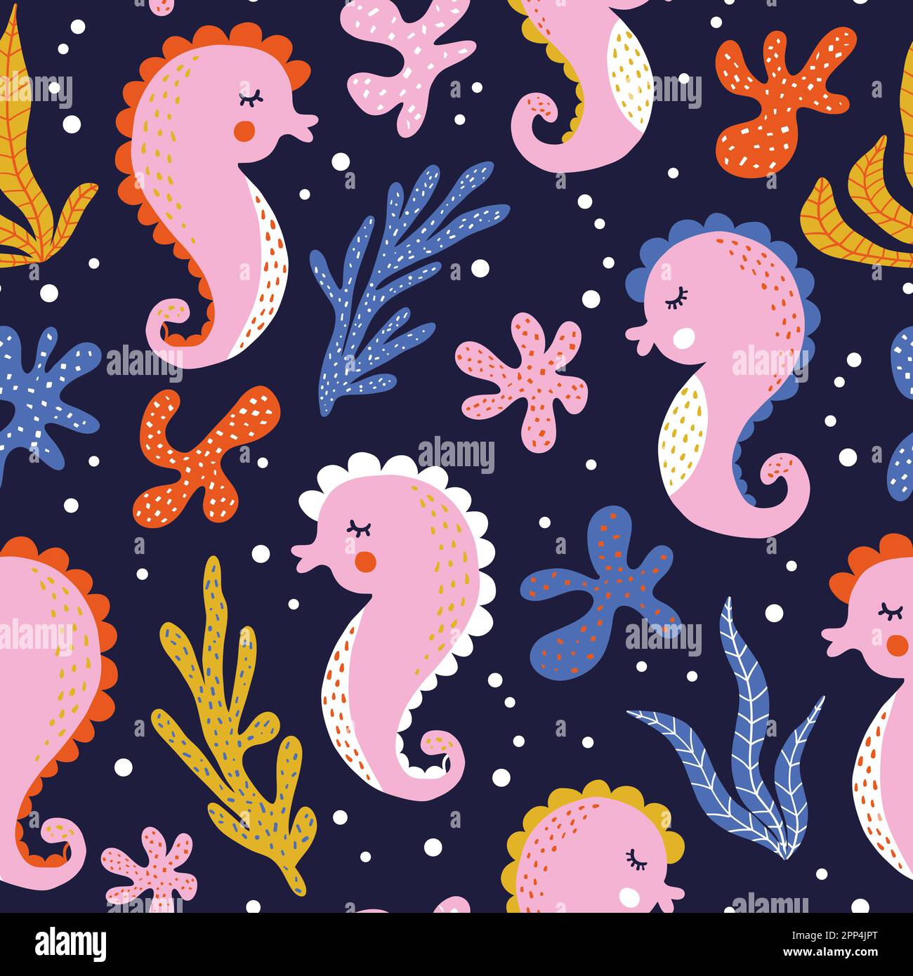 Colorful seamless pattern with funny seahorses, corals and algae ...