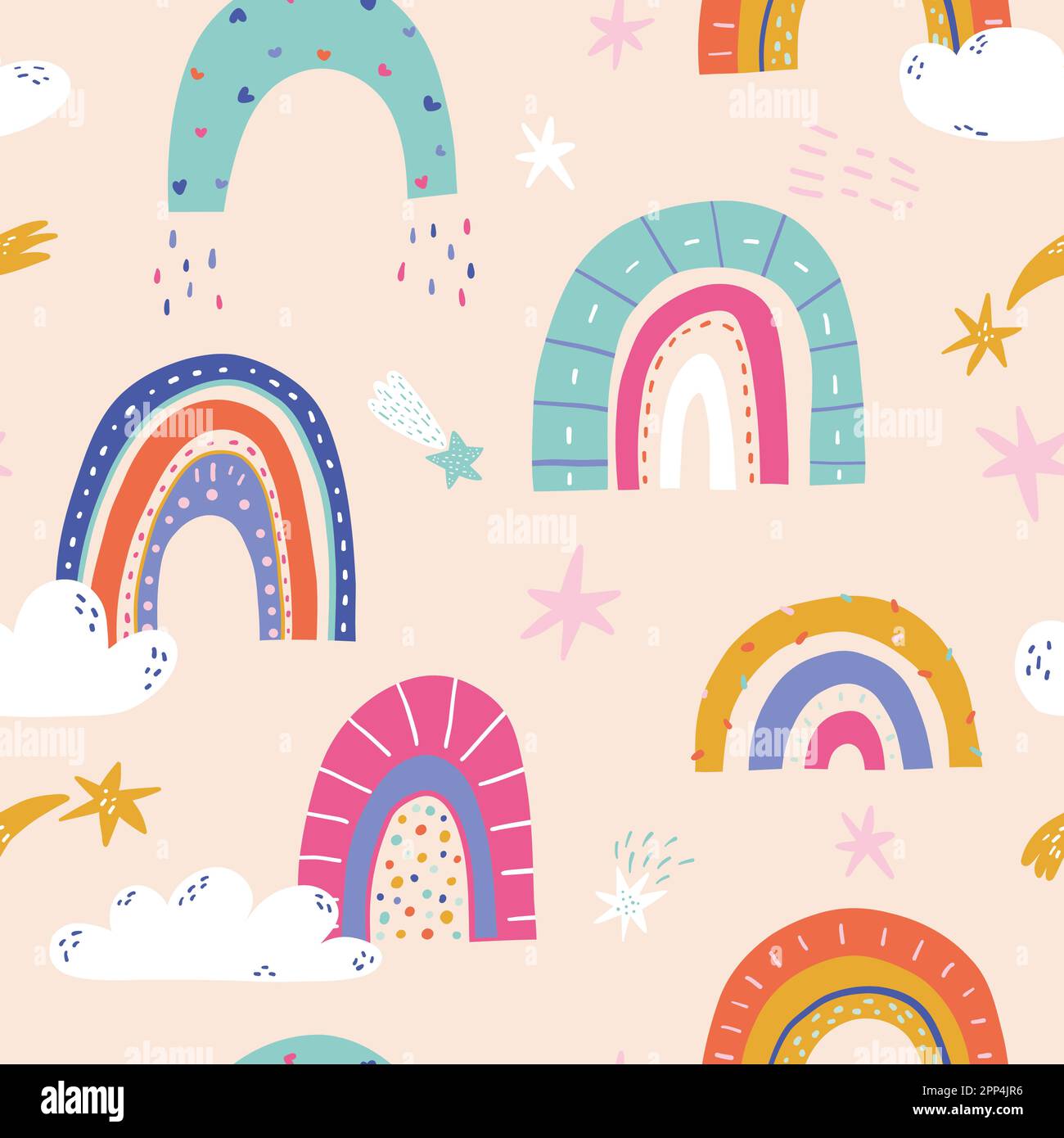 Seamless childish pattern with cute rainbows and rain clouds in doodle ...