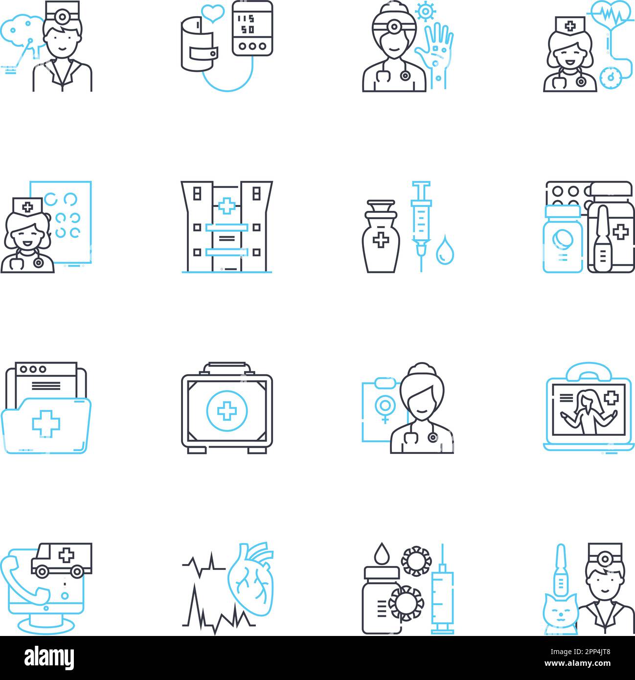 Infirmary linear icons set. illness, injury, care, nursing, medicine ...
