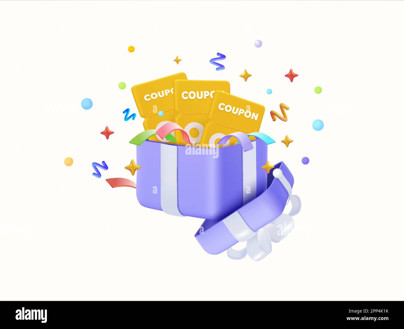 3d Open gift box with voucher, coupon and serpentine ribbon, confetti ...