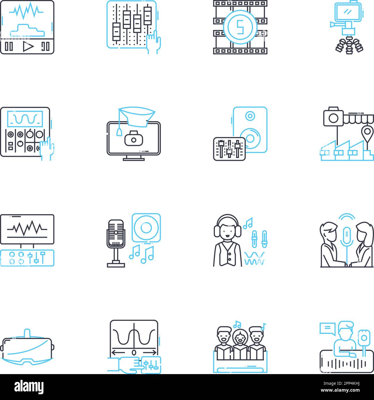 Music recording linear icons set. Studio, Producer, Mixing, Mastering ...