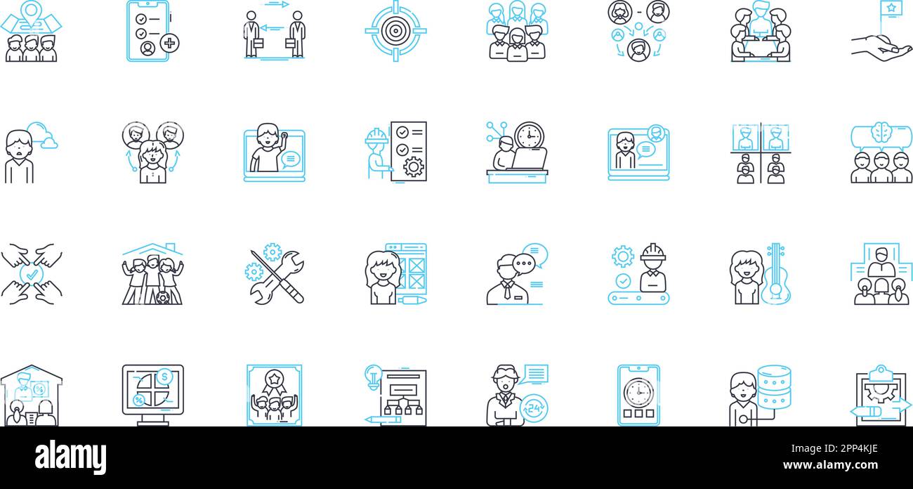 Work area linear icons set. Desk, Cubicle, Office, Warehouse, Studio ...