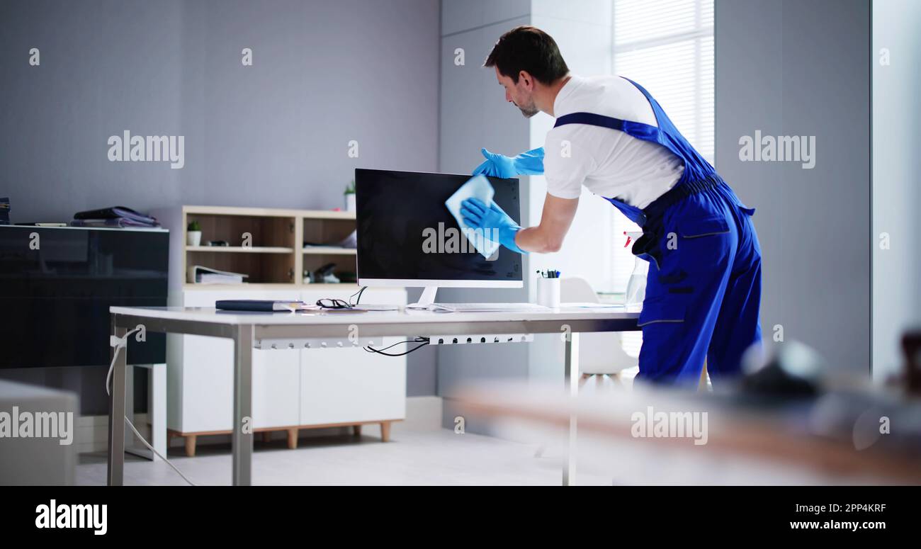 Professional Workplace Janitor Service. Office Desk Cleaning Stock ...