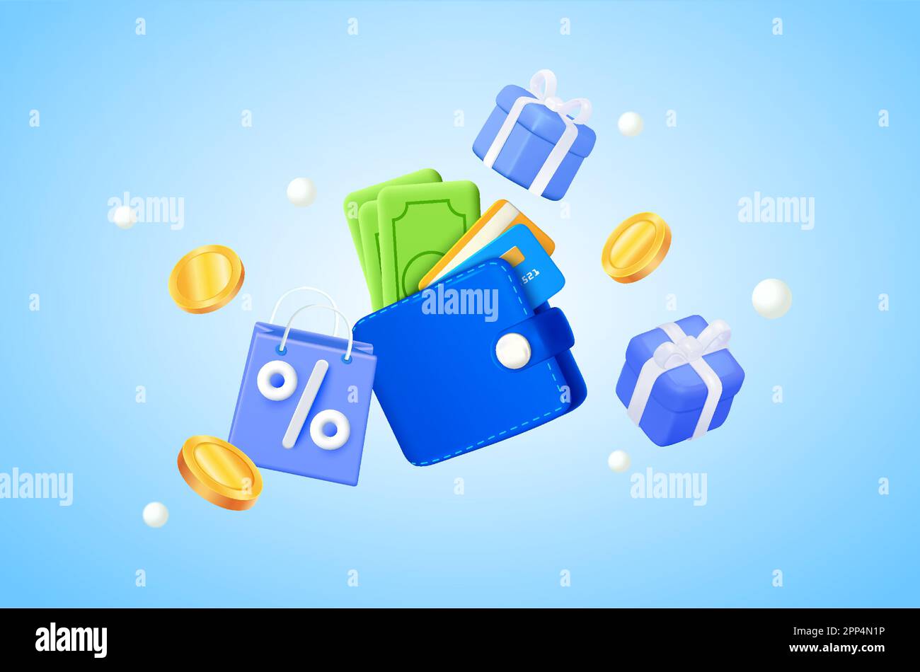 3D vector of wallet, payment, banking debit credit cards, coins, vouchers, shopping bags on ...