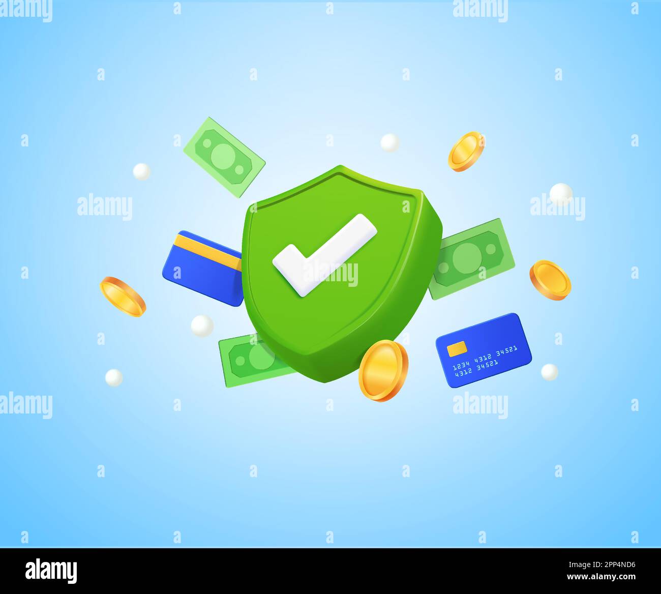 3d green check mark with banking debit credit cards and coins ...