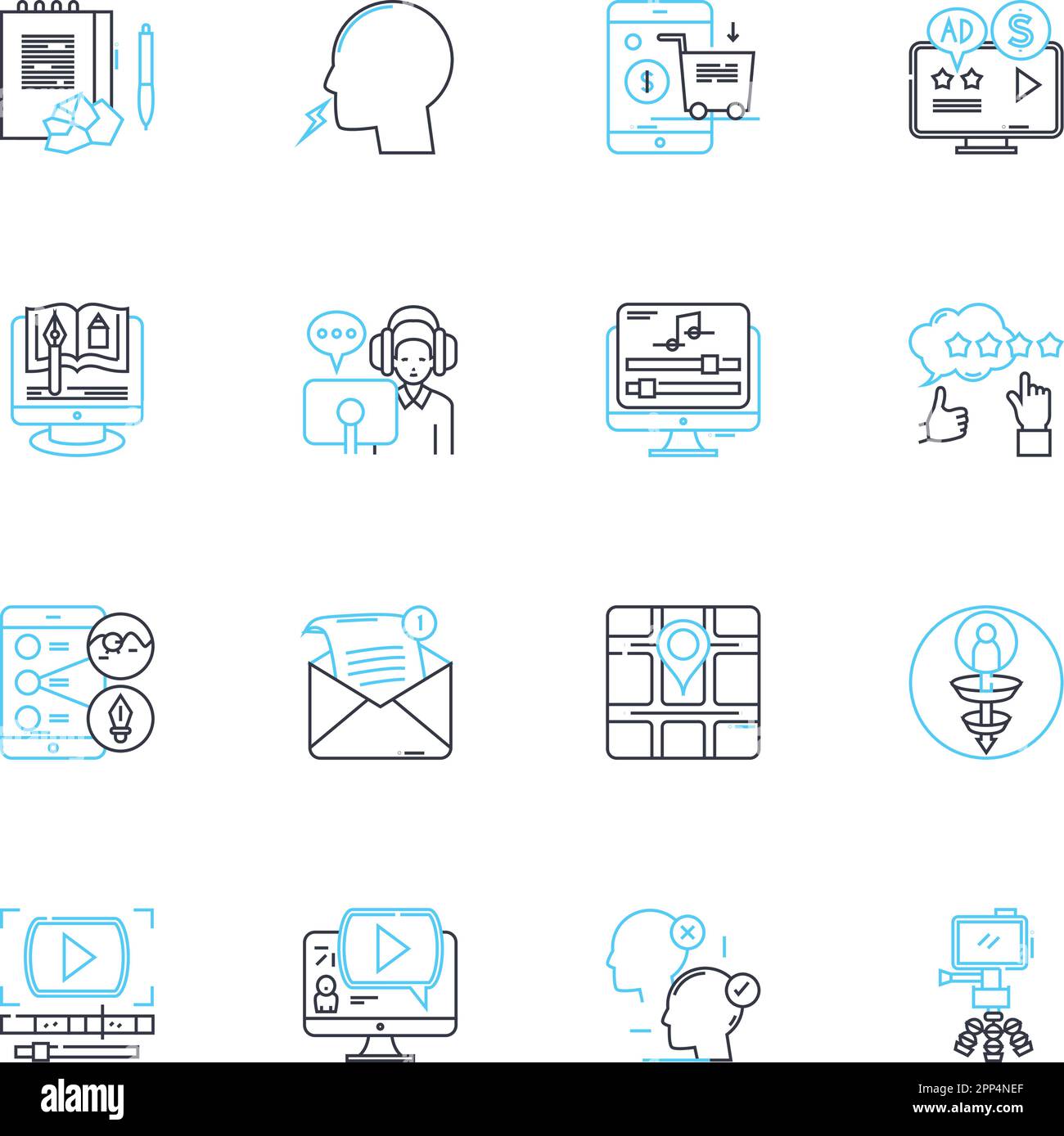Content creation linear icons set. Creativity, Innovation, Authenticity, Storytelling ...