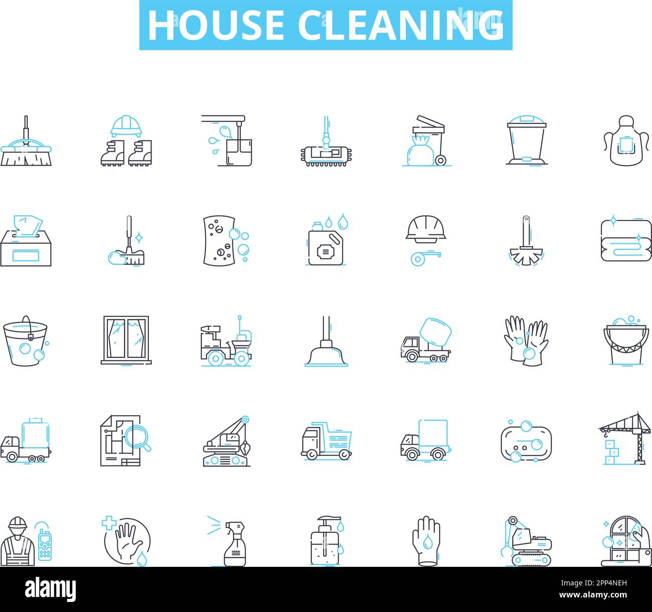 House cleaning linear icons set. Sweep, Mop, Vacuum, Dust, Scrub, Sanitize, Tidy line vector and ...