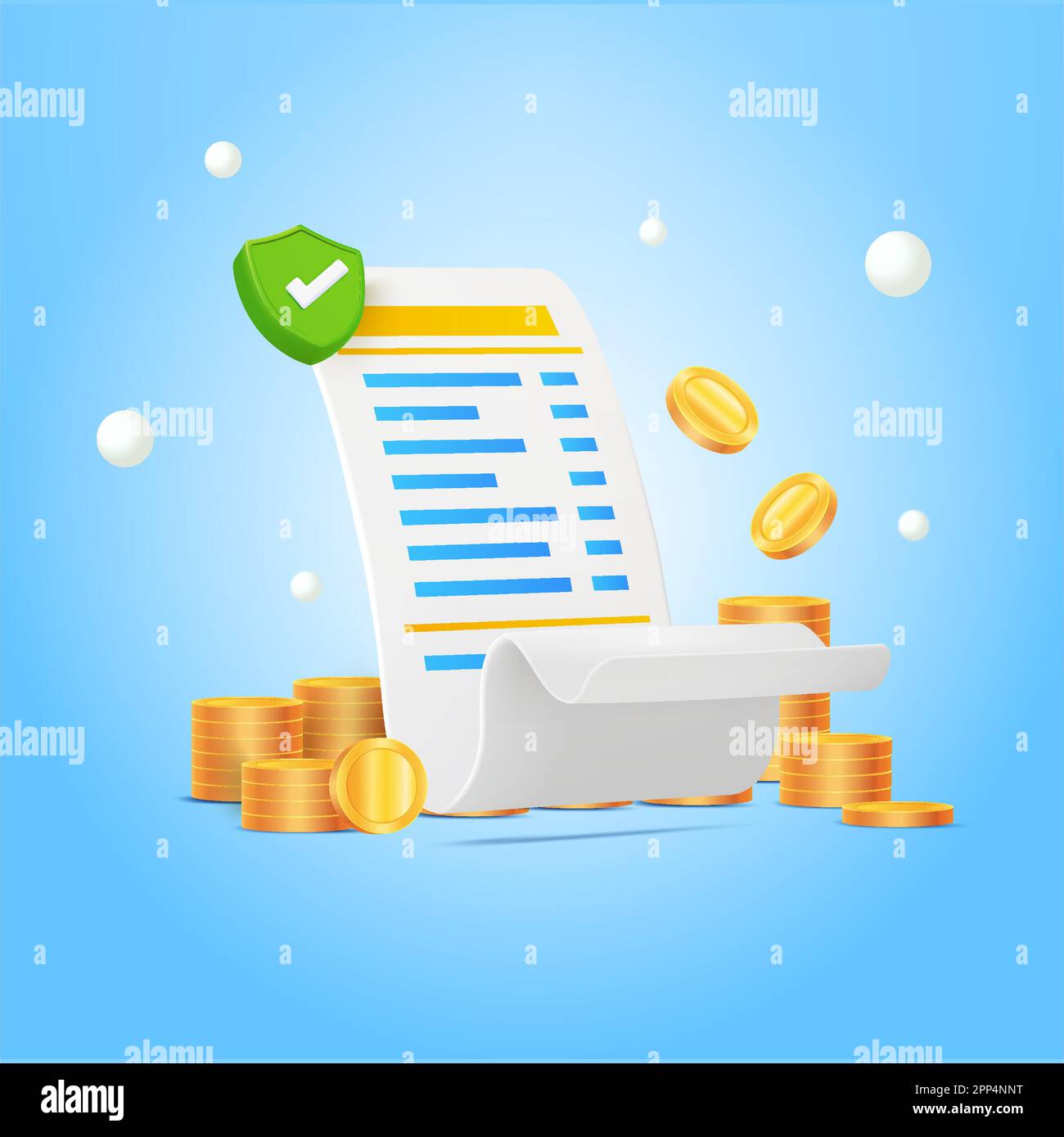 Agree bill, receipt online payments and stack coins floating, checkmark ...