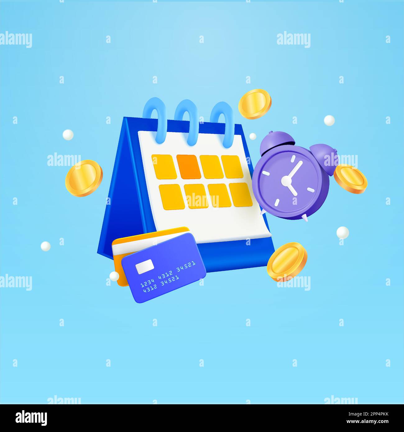 3d calendar and alarm clock with gold coins around. the concept of a ...