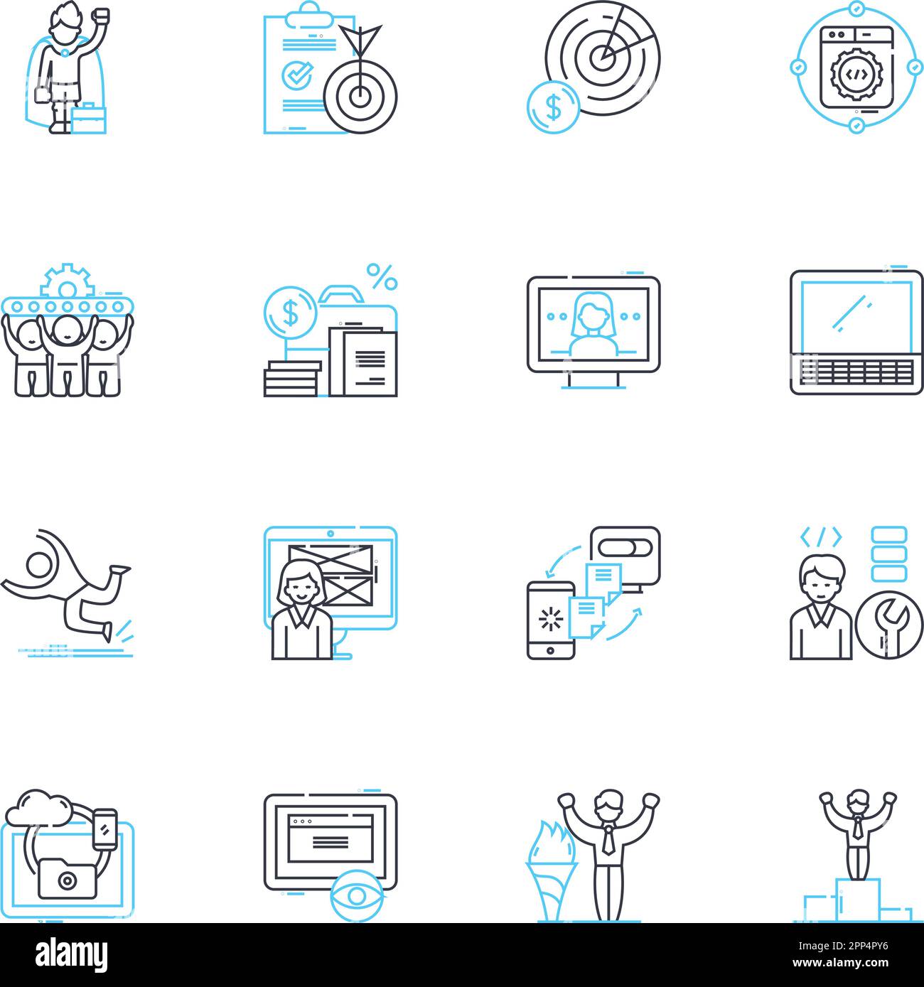 Cloud computing linear icons set. Virtualization, Accessibility, Elasticity, Scalability ...