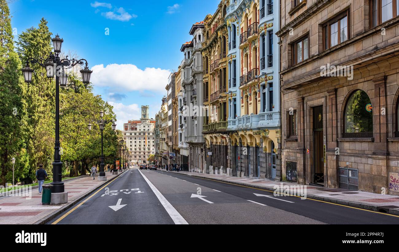 Oviedo, Spain, March 20, 2023: Main street of the city of Oviedo in the ...