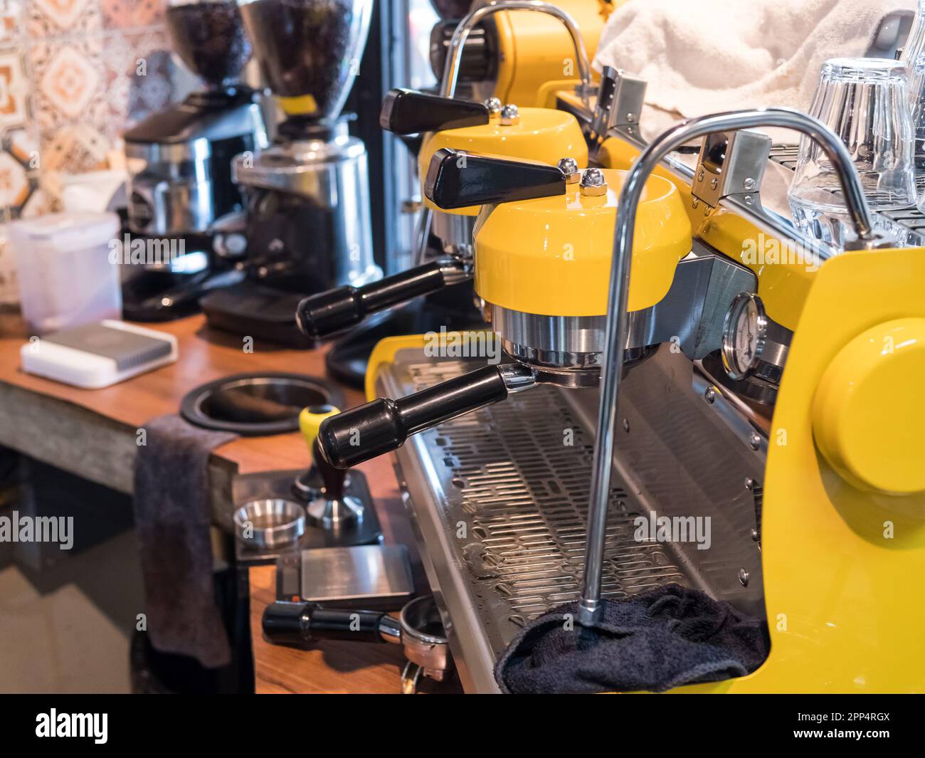 Espresso machine making coffee in pub, bar, restaurant, coffee shop ...