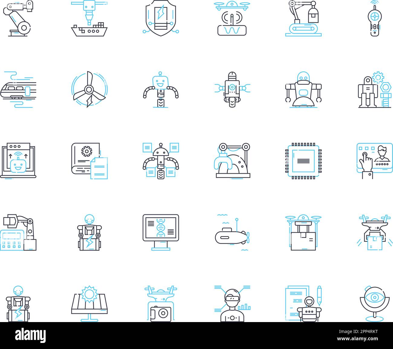 Aerial vehicles linear icons set. Drs, Helicopters, Balloons, Blimps ...
