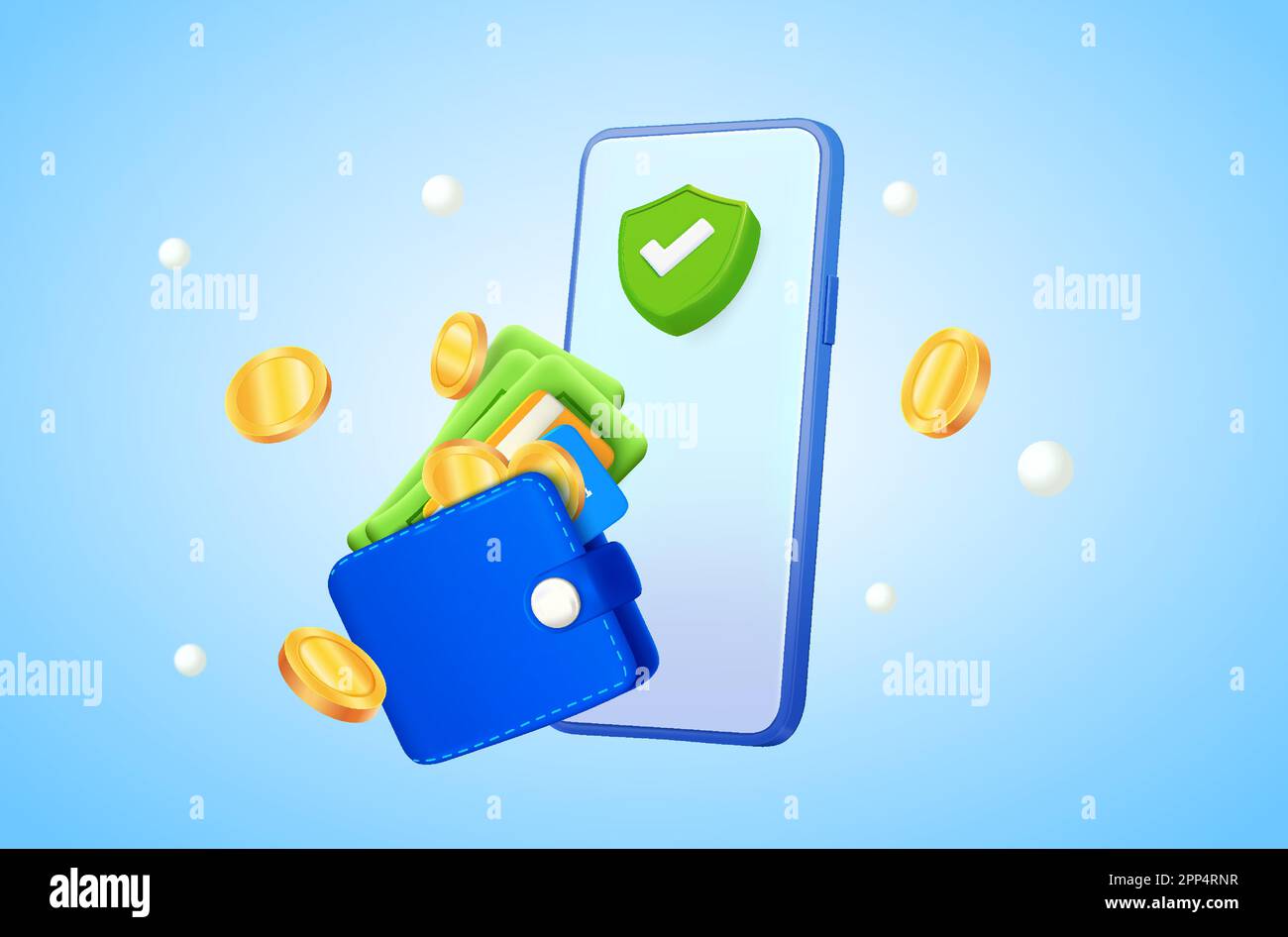 3d floating smartphone with green tick, wallet, banking debit credit ...