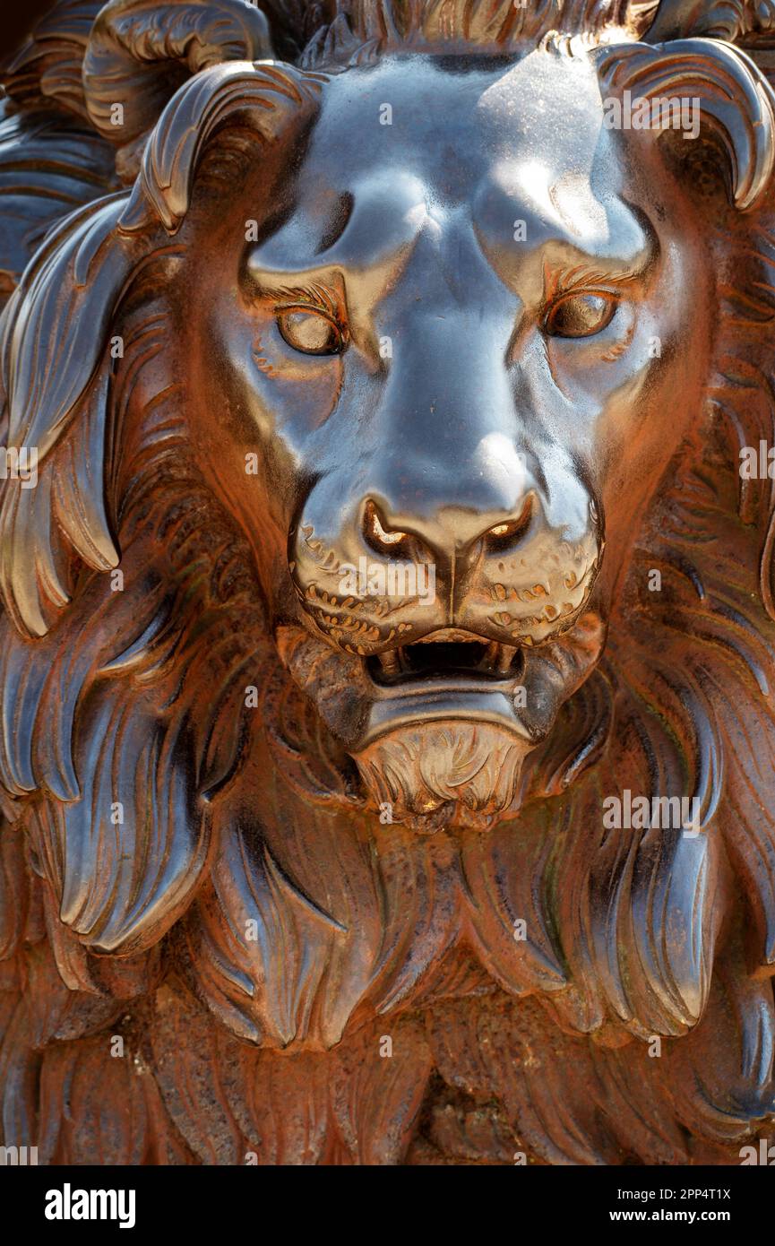 Head of a lion statue made from cast iron, the monument is located in ...