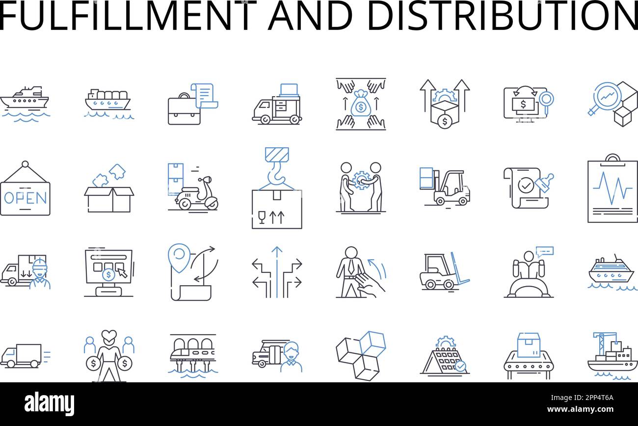 Fulfillment and Distribution line icons collection. Accomplishment ...