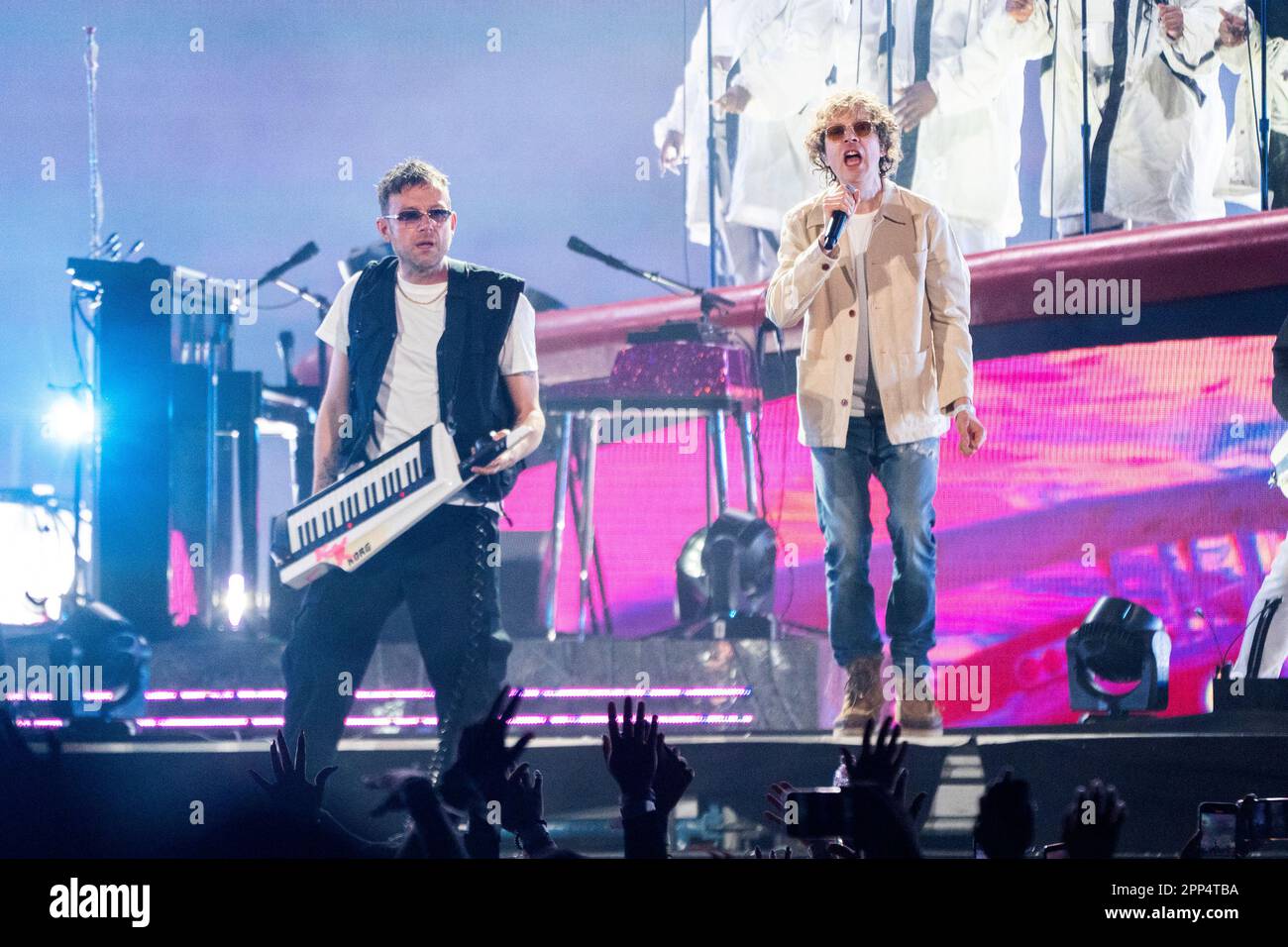 Damon Albarn of Gorillaz, left, and Beck perform at the Coachella Music ...