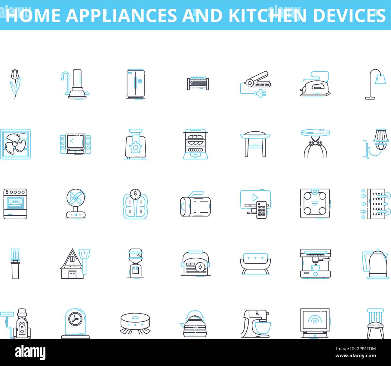 Home appliances and kitchen devices linear icons set. Refrigerator ...