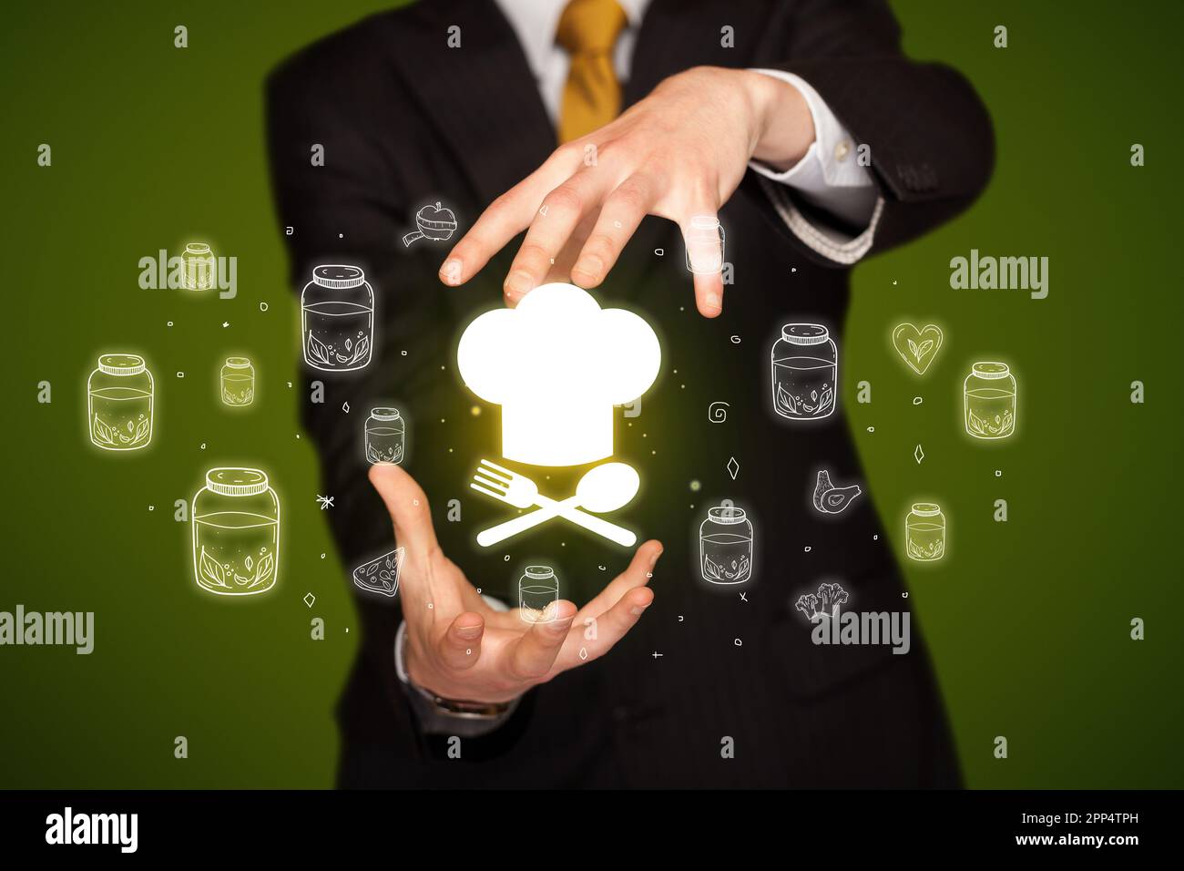 Hand holding food related icons Stock Photo - Alamy